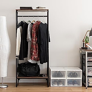IRIS USA, Inc. Clothing Rack, Clothes Rack with 2 Wood Shelves, Freestanding Clothing Rack, Easy to Assemble Garment Rack, Standing Metal Sturdy Clothing Rack, Small Space Storage Solution, Black
