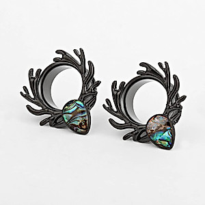 KUBOOZ(1 Pair Black Sea-shell Forest Antlers Slivery Opal Ear Plugs Tunnels Gauges Stretcher Piercings