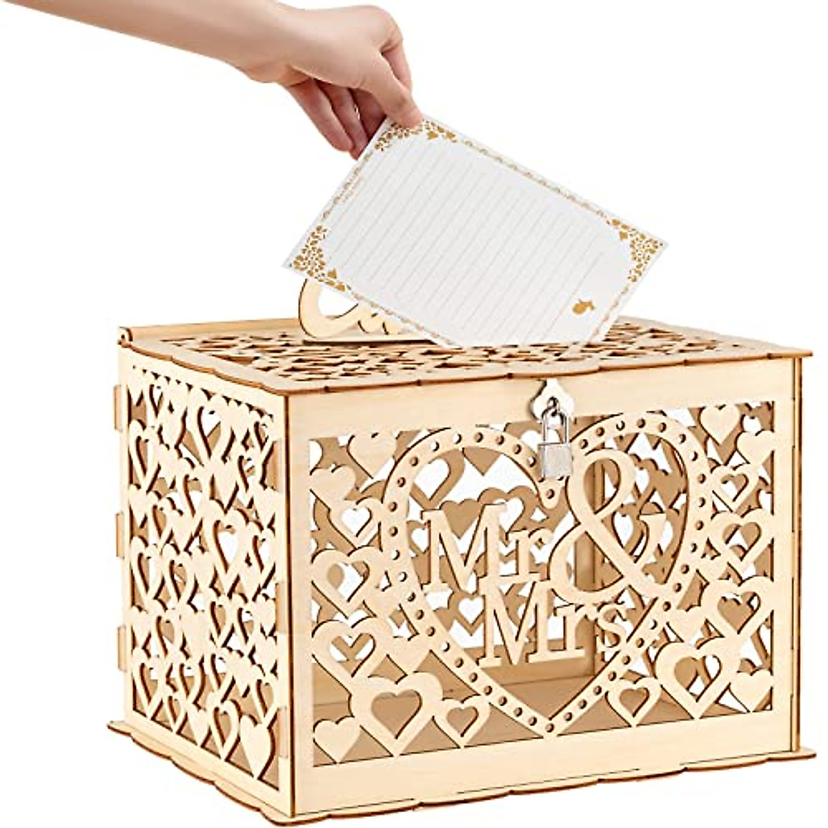 Yukawang Wedding Card Box with Lock Wooden Memory Keepsake Decoration Envelope Boxes for Cards and Money Baby Shower Engagement Decor Gift Card Box ( MR & MRS Heart Beige)