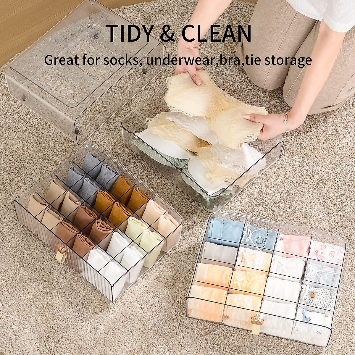 MSHOMELY Underwear Organizer, Socks Bra Underwear Drawer Organizer Dividers for Closet, 24 Cell Stackable Dresser Closet Organizer and Storage Bins for Clothing, Baby Clothes, Bra, Ties, Scarf