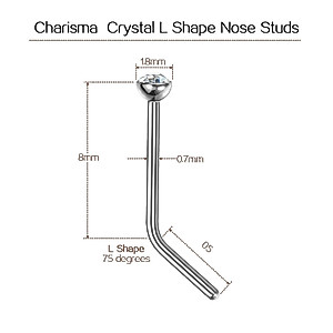 Charisma Small Nose Studs Stainless Steel Curved Nose Stud Bend L Shape Nose Ring Screw Piercing Jewelry Tiny Bone Studs for Women Men Hypoallergenic 20G (10pcs,Clear CZ, L-shape,1.8mm)