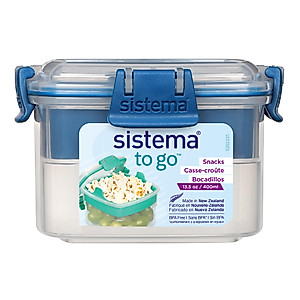 Sistema To Go Collection, 13.5 oz./0.4 L, Portable Snack Container with Separate Compartments, Flexible Seal & Easy-Lock Clips, BPA & Phthalate Free, Color May Vary
