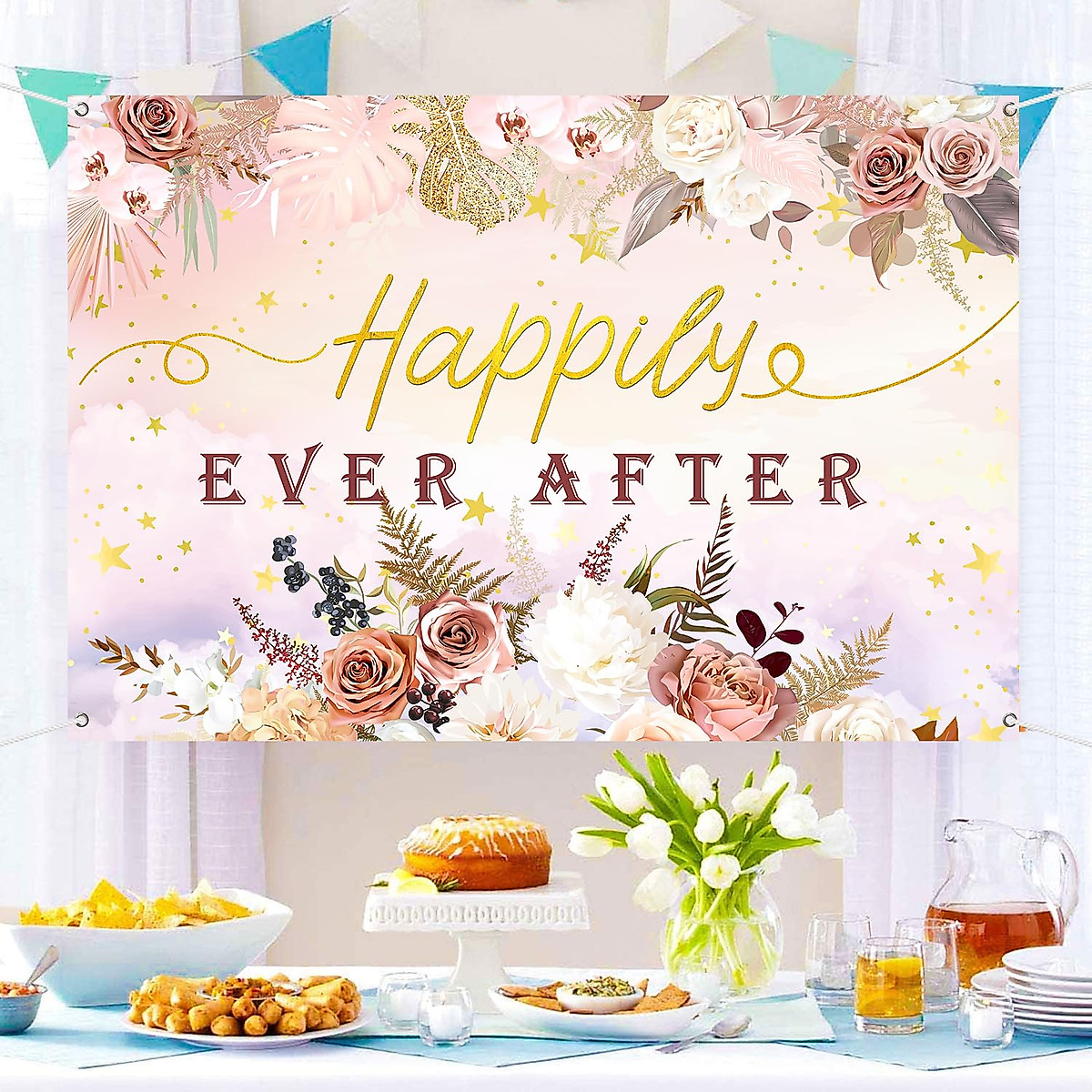INNORU Happily Ever After Backdrop Banner, Mr & Mrs Wedding Party Photography Backdrop Poster Engagement Party Anniversary Bridal Shower Decorations Photo Booth Props 6x4ft