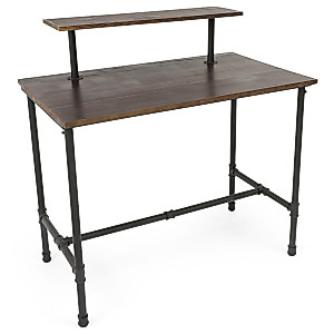 Displays2go, Pipe Display Table with Removable Shelf, Metal and Pine Wood Construction – Natural Top, Black Hardware Legs (PPLNNSTLGB)