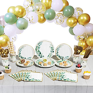 Eucalyptus Party Supplies Sage Greenery Plates and Napkins Green Leaf Tablecloth Balloons Gold Leaf Jungle Theme Boho Party Supplies for 16 Guests Tableware Bridal Wedding Decorations