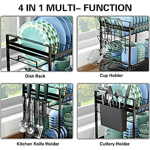 Xdsirone Dish Drying Rack, 2-Tier Dish Rack with Drainboard Cutlery Holder Cup Holder, Rustproof Dish Drainer for Kitchen Counter
