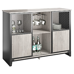 Bestier Industrial Bar Cabinet for Liquor and Glasses with Sliding Metal Mesh Door Kitchen Accent Sideboard Buffet Wine Rack with Adjustable Shelf Home Bar Furniture Gray
