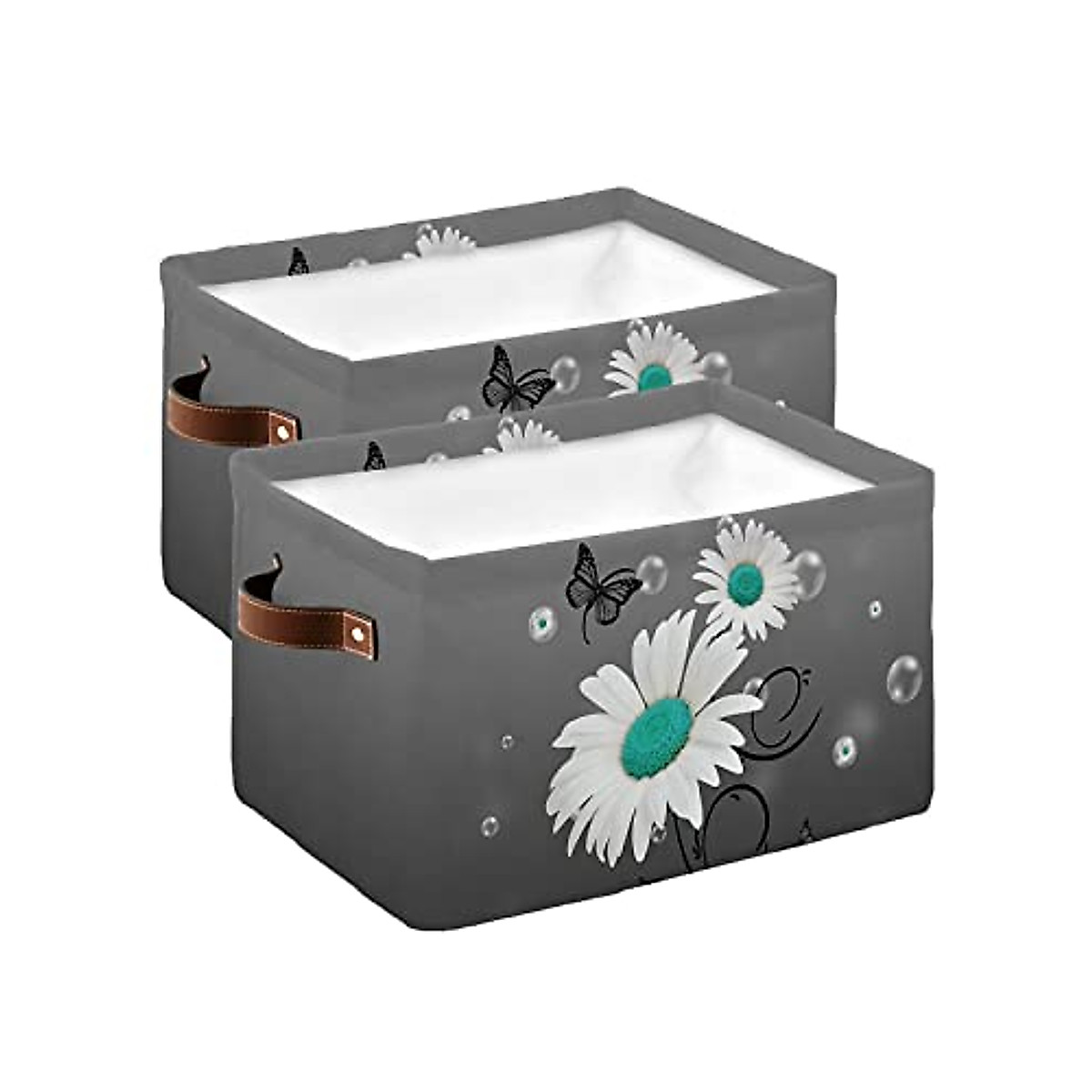 Teal White Daisy Storage Bins 2 Pack, Large Waterproof Storage Baskets for Shelves Closet, Rustic Bubble Abstract Art Gray Storage Basket Foldable Storage Box Cube Storage Organizer with Handles