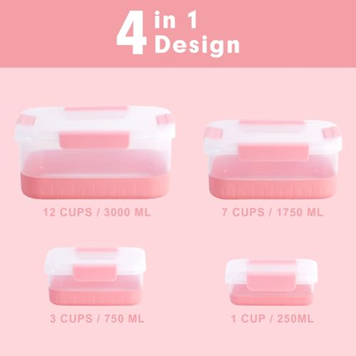 Plastic Food Storage Containers with Leakproof Locking Lids, Stackable Airtight Storage Containers for Pantry & Kitchen Organization, BPA-Free & Freezer Safe, Non-slip Base, Set of 4 Pieces, Pink