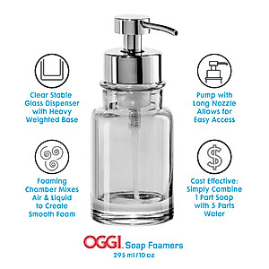 OGGI Glass Foaming Soap Dispenser - 10oz Capacity, Round, Heavy Glass - Stylish Refillable Foaming Hand Soap Dispenser, for Bathroom and Kitchen, Aqua/Chrome