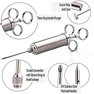 Meat Injector Kit Stainless Steel Food Syringe & 3 Marinades Needles for BBQ Grill Professional Smoker Seasoning Culinary Barbecue Syringe & Meat injectors for Smoking