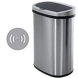 HHS 13 Gallon Kitchen Trash Can Stainless Steel Garbage Bin with Lid Automatic Touch Free High-Capacity Waste Bin Metal Soft-Close Garbage Can for Home Office Bedroom, Silver