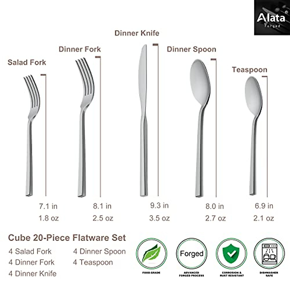 Alata Cube 20-Piece Forged Silverware Set Stainless Steel Flatware Set,Service for 4,Matte Satin Polished Cutlery Set,Dishwasher Safe