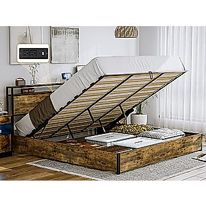 IKIFLY California King Size Lift Up Storage Bed - Metal Cal King Platform Bed Frame with 2-Tier Storage Shelf Headboard & Charging Station, Solid Wood Slats, No Box Spring Needed - Rustic Brown