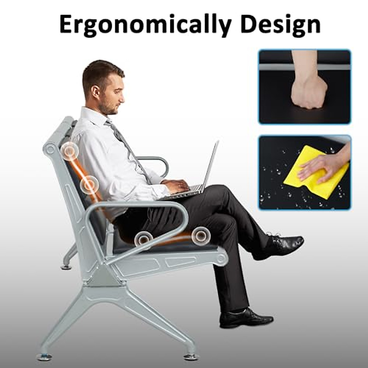 JSUN7 3 Seat Airport Reception Chair, Waiting Room Chairs with Arm, Black Leather Waiting Room Benches, Office Guest Chairs for Lobby Airport Salon Barber Shop Bank and Market, Set of 3