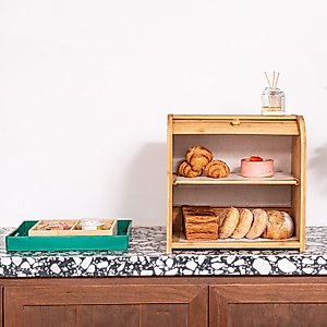 UIELPT Double Layer Large Bread Box for Kitchen Counter,Bamboo Large Capacity Bread Storage Bin,Counter-Large Capacity Bread Storage Container Farmhouse Bread Box with Flexible Sliding Door