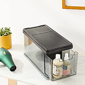 iDesign The Sarah Tanno Collection Medium Stacking Cosmetic Drawer Organizer with Lid and Divider, Smoke/Black