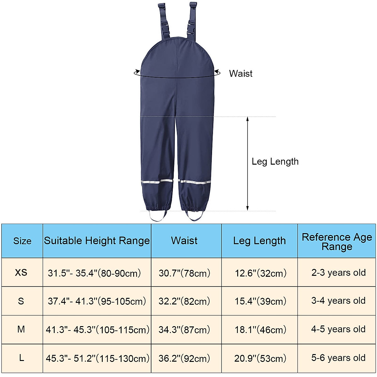 SSAWcasa Kids Rain Pants, Toddler Waterproof Little/Big Boys Girls Pants, Trail and Rain Splash Overalls, Mud Dirty Proof Rain Suspender Trousers (Black, S)