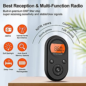 AM FM Portable Radio,Personal Pocket Radio Rechargeable with Best Reception,Long Battery Life,Stereo Earphone,Small Digital Transistor Radios for Hiking,Walking,Jogging