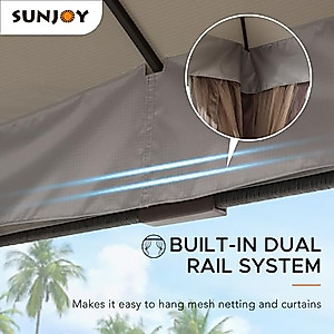 Sunjoy Rumney Outdoor Patio Steel Frame 11 x 13 ft. 2-Tier Soft Top Gazebo with Light Gray Canopy Roof, Netting and Curtains