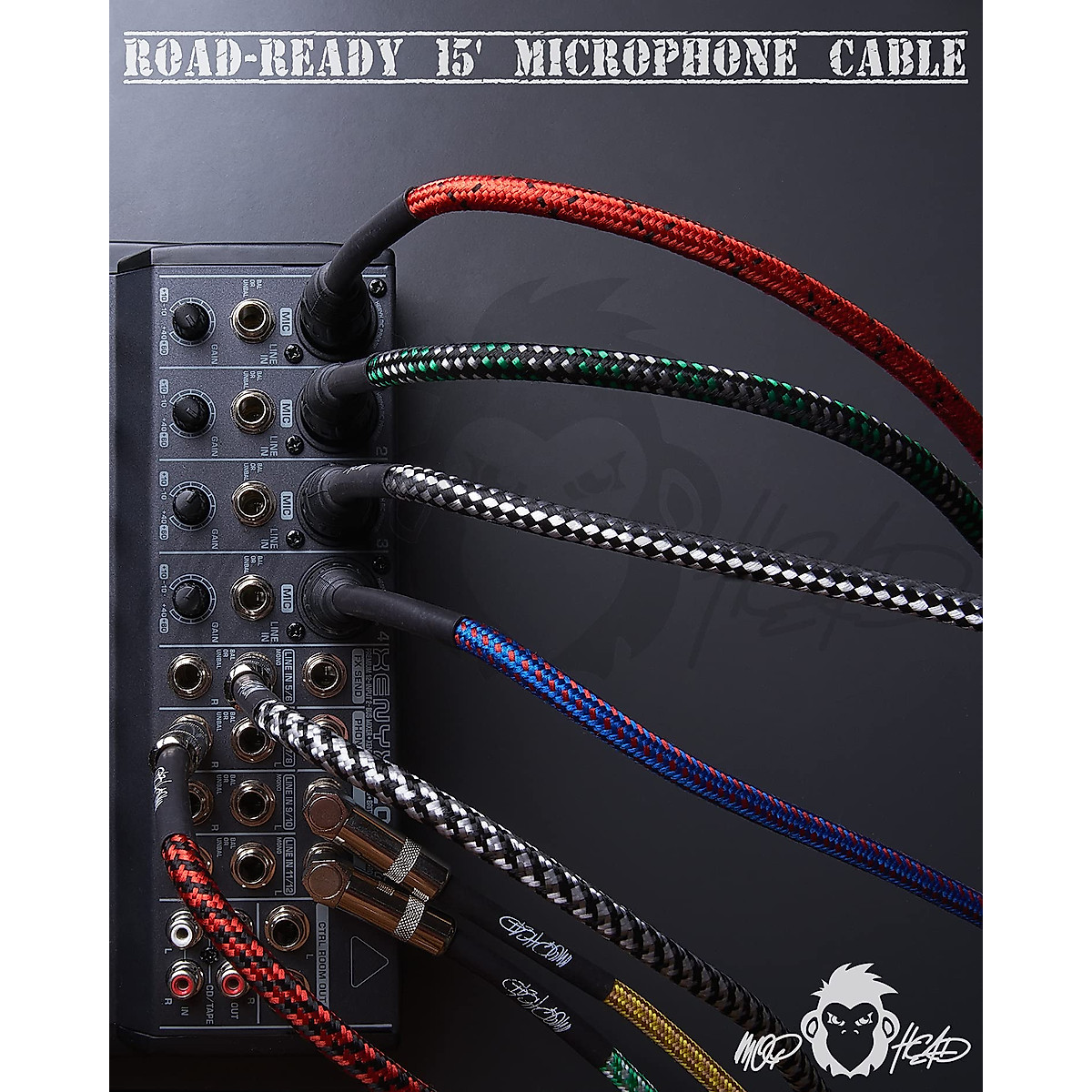 Mophead 15-Foot Balanced XLR Microphone Cable - 3-Pin XLR Male to XLR Female Pro Grade Double Insulated Tweed Braided (Red and Black Stripes)