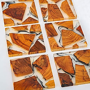 Wood Coasters with Holder, GOH DODD Wooden Drink Coasters Set, Modern Epoxy Coasters, Suitable for Most Kinds of Cups, 6 Pieces, Square