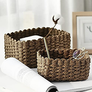 LA JOLIE MUSE Woven Storage Baskets, Recycled Paper Rope Bin Organizer Divider for Cupboards Drawer Closet Shelf Dresser, Set of 3 (Brown)