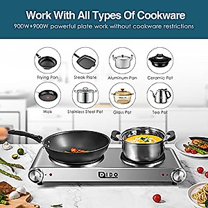 DIDO 1800W Hot Plate, Portable Electric Stove Countertop Cast-Iron Double Burner with Adjustable Temperature& Anti-Slip Feet, Stainless Steel Cooktop for Home/Camp/RV, Compatible for All Cookwares