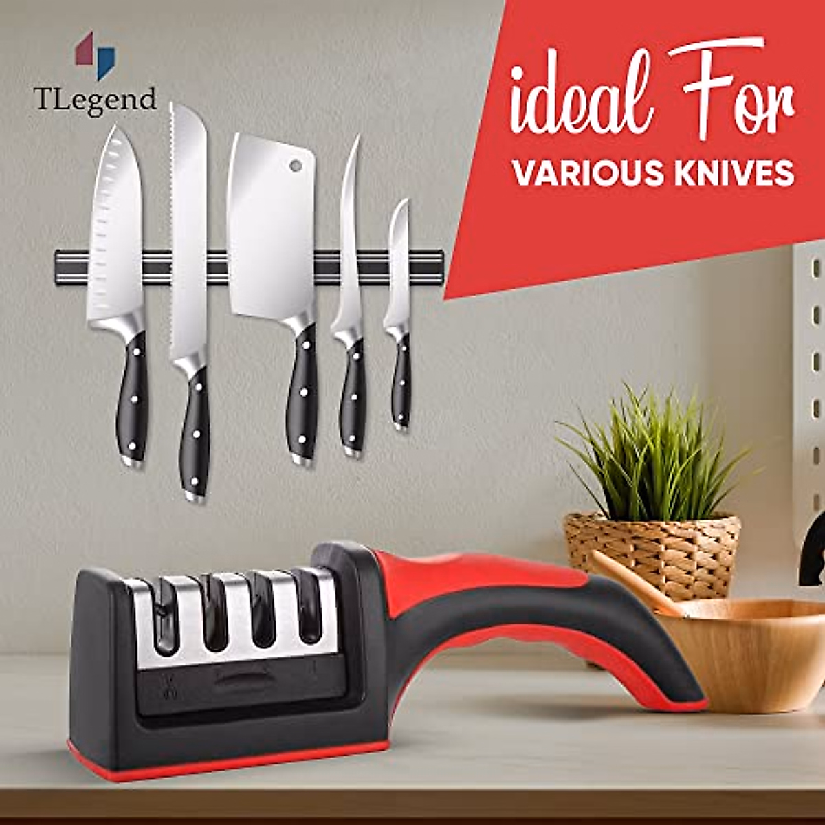 Knife Sharpeners for Kitchen Knives– Stainless Steel 4 in1 Kitchen Knife Sharpener – Ergonomic and Easy to Use Knife Sharpening Kit with 4 Stage Sharpening Slots