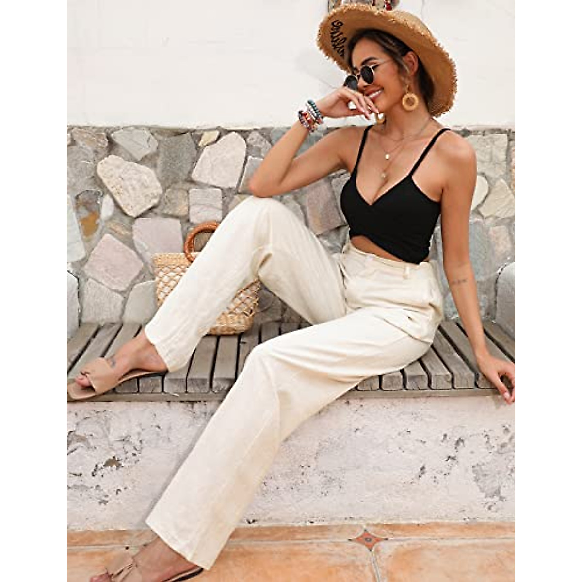 HEEKPEK Linen Pants for Women High Waisted Trousers Straight Wide Leg Flowy Pant Casual Button Up Summer Beach Pants Beige