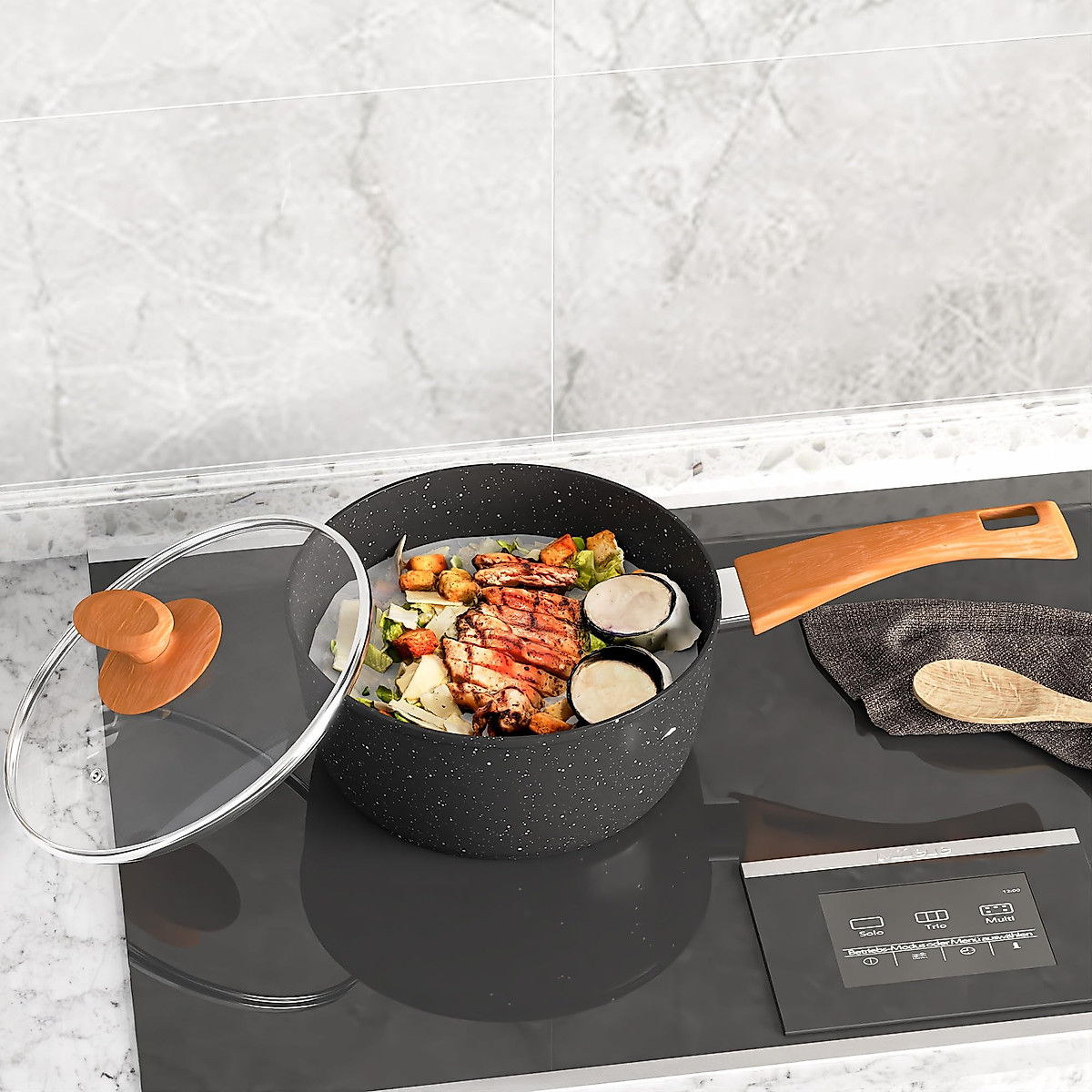 NICOMOW Non-Stick Pan with Lid, Sauce Pan with PTFE Granite Coating,Multi-Purpose,Non-Slip Handle,Induction Support,PFOA-Free