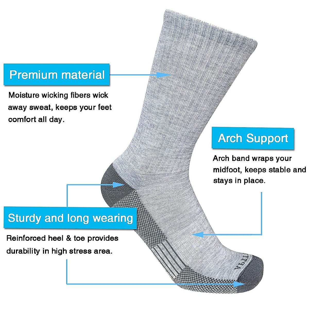 APTYID Men's Moisture Wicking Cushioned Crew Work Boot Socks, Size 9-12, Grey, 6 Pairs