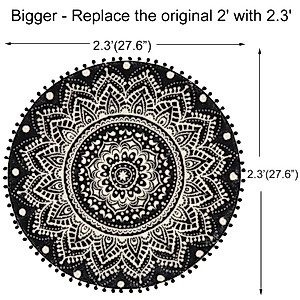 Uphome Small Round Rug 2.3’ Black Mandala Boho Bathroom Rugs with Pom Poms Fringe Washable Circle Shower Mat Soft Non-Slip Cute Circular Throw Rug for Sink Powder Room Bedroom Kids Room Nursery