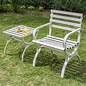 Sophia & William Outdoor Garden Park Chair Patio Metal Single Seater Bench, Steel Frame Furniture with Backrest and Armrests for Porch Yard Lawn Deck, White