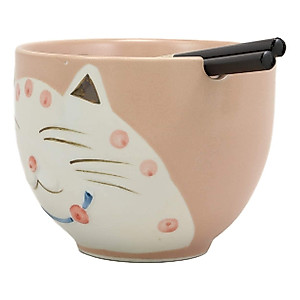 Ebros Whimsical Ceramic Peachy Pink Lucky Meow Cat Pasta Ramen Udong Pho Noodles Soup Bowl and Chopsticks Set Dining Gourmet Meal Feline Cats Collection Rice Bowls Decor Kitchen