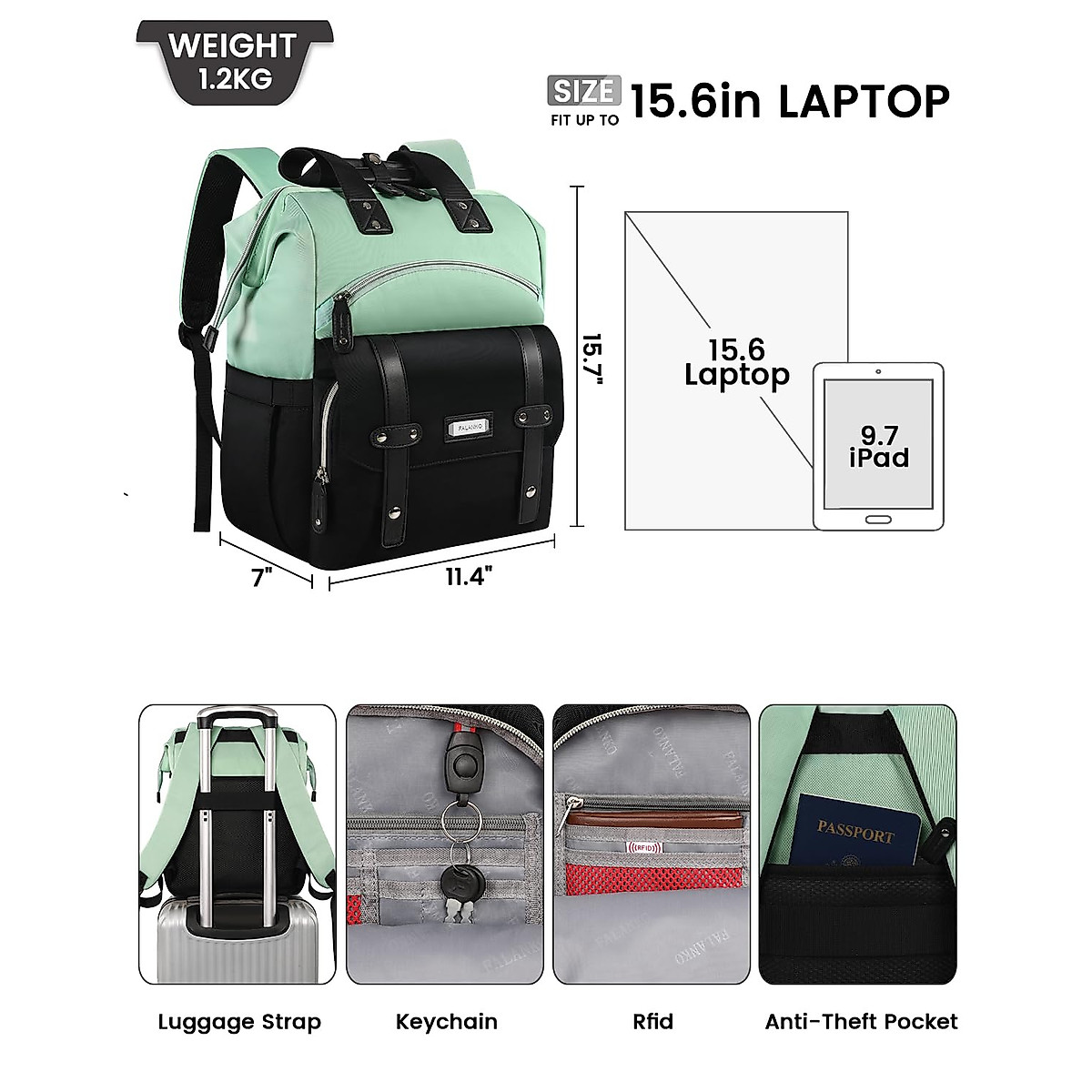 FALANKO Laptop Backpack for Women, Work Doctor Teacher Nurse Wide Open College School Student 15.6 Inch Laptops Bookbag Purse with USB Charging Port,Computer Bag for Men Women Girls Green-Black