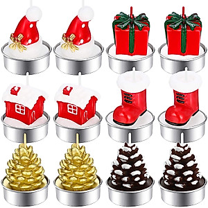 12 Pieces Christmas Tealight Candles Handmade Delicate Santa Claus, Snowman, Pine Cones, Christmas Tree, Shoes, House, Santa Hat Candles, Christmas Home Decorations (Cute Style)