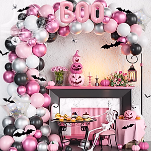 Fiesec Pink Halloween Balloon Garland Arch Kit, Halloween Themed Party Decorations with BOO Foil Balloons Spider Web Bat Ghost, Happy Boo Day Halloween Indoor Outdoor Yard Home Room Décor