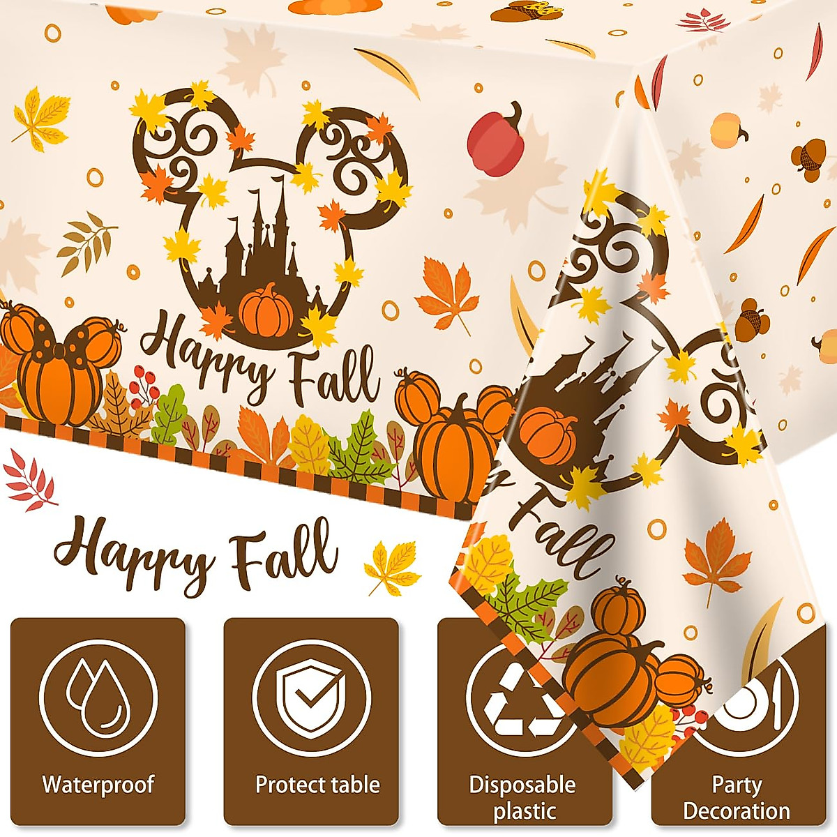 Happy Fall Mouse Tablecloths, Cute Fall Decorations for Home Fall Harvest Party Decor, 3pcs Plastic Mouse Pumpkin Table Covers, Waterproof Maple Leaf Dinner Table Cloth for Thanksgiving Party 108*54"