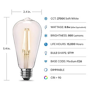Feit Electric ST19 Vintage Edison LED Light Bulb, 60W Equivalent, Dimmable, 2700K Soft White, 800 Lumens, E26 Base, Retro Filament Light Bulbs, 15,000-Hour Lifetime, ST1960/CL/927CA/2, 2 Pack