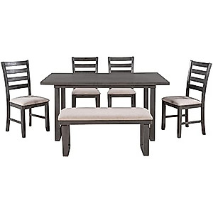 YuiHome 6-Pieces Simple Style Family Furniture, Solid Wood Set with Rectangular Table & 4 Chairs with Bench, A Stable Frame and a Long lifespan, for Dining Room, Gray, Black