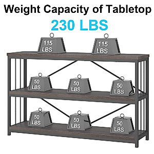 LVB Industrial Console Entryway Table, Modern Metal Sofa Table Behind Couch, Rustic Wood Foyer Tables with Storage Shelves, 3 Tier TV Stand Accent Table for Hallway Living Room, Dark Gray Oak, 47 inch