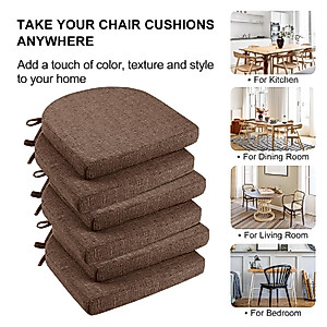 Wellsin Chair Cushions for Dining Chairs 6 Pack - Kitchen Chair Cushions with Ties and Non-Slip Backing - Dining Chair Pads 16"X16"X2", Brown