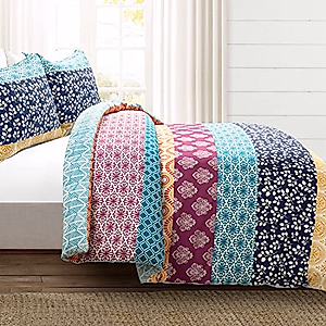 Lush Decor Bohemian Stripe Reversible 3 Piece Cotton Duvet Cover Set, King, Fuchsia & Orange