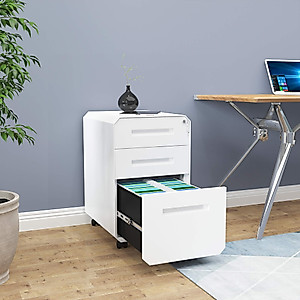 YITAHOME 3-Drawer Filing Cabinet Office Drawers with Lock, Divider and Pencil Tray, Portable Metal File Cabinet, Pre-Built Office Storage Cabinet (White)