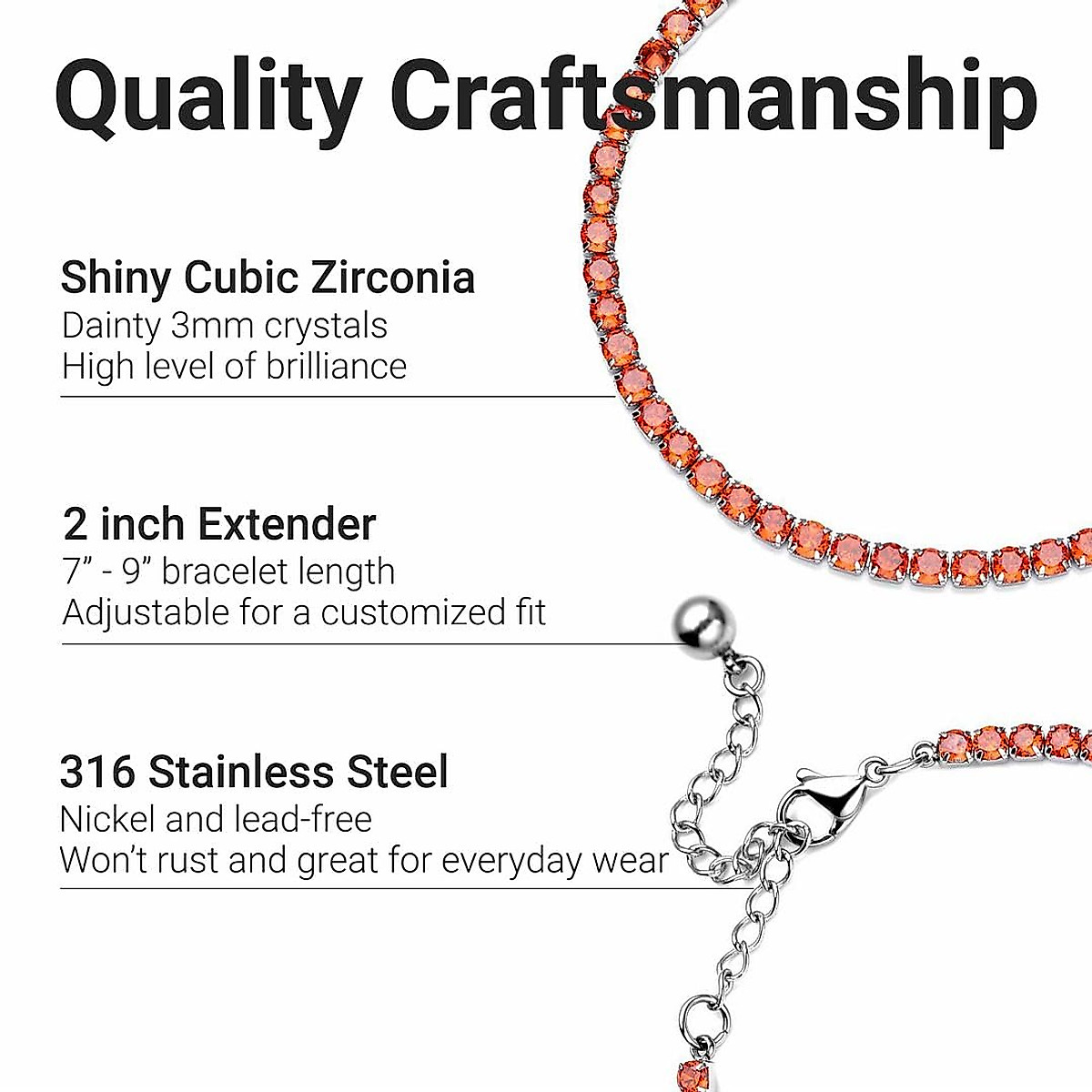Shop LC Stainless Steel Tennis Bracelet - Adjustable Orange Cubic Zirconia Bracelet for Women - Dainty CZ Crystal Bridal Bracelets - 6.5" Length with a 2" Extender Jewelry Birthday Gifts for Women