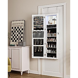 Hzuaneri 8 LEDs Jewelry Cabinet Armoire, 42.7" Tall Frameless Mirror Jewelry Organizer, lockable Wall/Door Mounted Makeup Jewelry Storage with Mirror, 4 Shelves, White and Black JC10803B