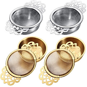 Empress Tea Strainers with Drip Bowls, Mesh Tea Infuser Stainless Steel Loose Leaf Tea Filter with Handles for Better Tea Experience (Silver and Gold,4 Pieces)