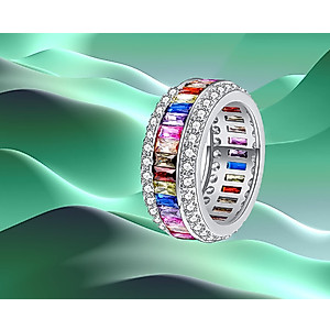 VPKJewelry 18K Gold Plated Rainbow Ring Wedding Band for Women Ladies Emerald Cut Multi Color Created-Gemstone Eternity Ring (Multicolor, 9)