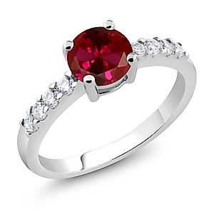 Gem Stone King Red Created Ruby Engagement Anniversary Promise Ring For Women (1.24 Cttw, Gemstone July Birthstone, Round 7MM, Available in Size 5,6,7,8,9)